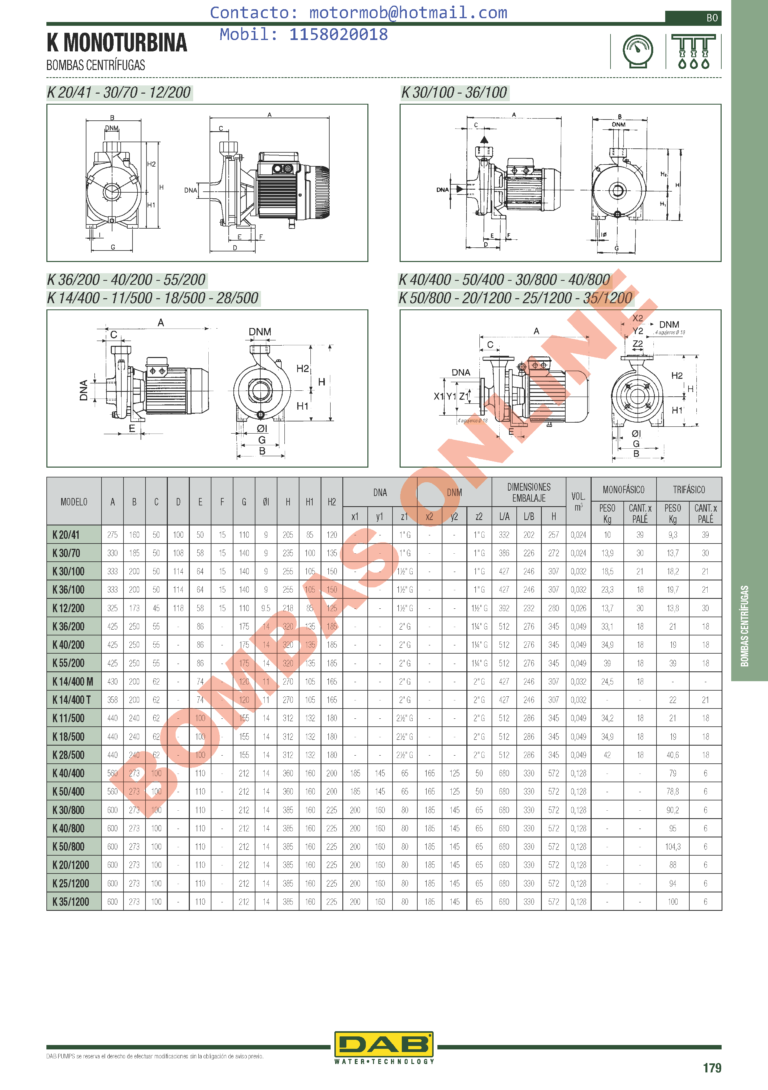 BOMBA DAB - Monoturbina - K 55/200 T - Trifásica - 5.5 HP - PRECIO - BOMBAS ONLINE