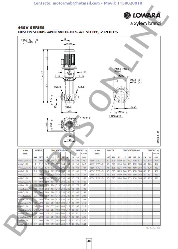 Bomba LOWARA SV N 46SV 2/2A N055T/D 5,5 KW - 101682034 - Trifasica - Precio - BOMBAS ONLINE